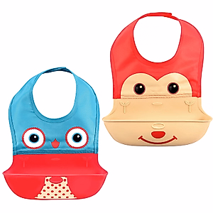 HAHA Baby Silicone Bibs for Girls Boys Eating Feeding Toddler Waterproof Roll-Up Bib with Food Catcher Unisex Infant Bibs for Babies, 2 Pack (Red&Beige/Blue&Red)
