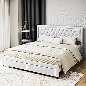 Queen Bed Frame with 2 Storage Drawers, Leather Upholstered Platform Bed Frame with Button Tufted Headboard, Wooden Slats and Adjustable Headboard Mattress Foundation, No Box Spring Needed, White