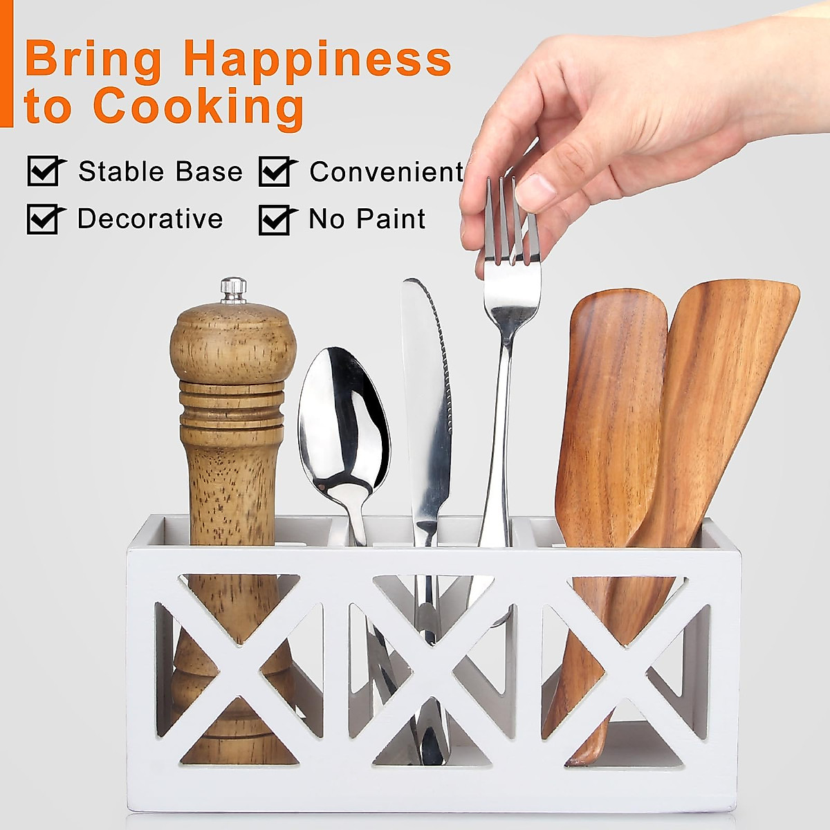Wooden Cutlery Silverware Holder Flatware Utensil Caddy Wood Silverware Organizer Storage Containers for Kitchen Countertop, Forks, Spoon, Knives Kitchen Utensil Holder White Silverware Caddies