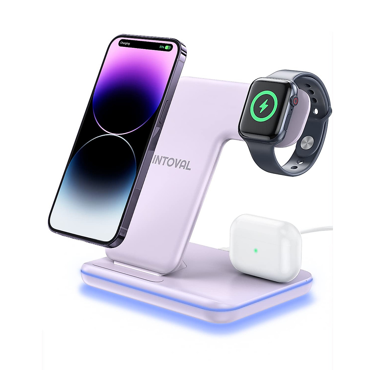 Intoval Charging Station for Apple iPhone/iWatch/Airpods, 3 in 1 Wireless Charger for iPhone 14/13/12/11/XS/XR/XS/X/8, iWatch 8/Ultra/7/6/SE/5/4/3/2, Airpods Pro2/Pro1/3/2/1 (White+Lilac Purple)