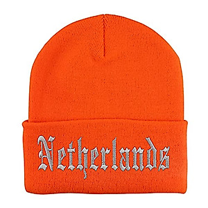 Trendy Apparel Shop Netherlands Old English Embroidered Long Cuff Beanie - Neon Orange