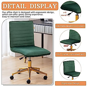 Furniliving Velvet Home Office Chair, Armless Vanity Desk Task Chair with Wheels 360° Swivel Computer Rolling Desk Chair with Back, Adjustable Accent Chair with Gold Metal Base Stool Chair (DarkGreen)