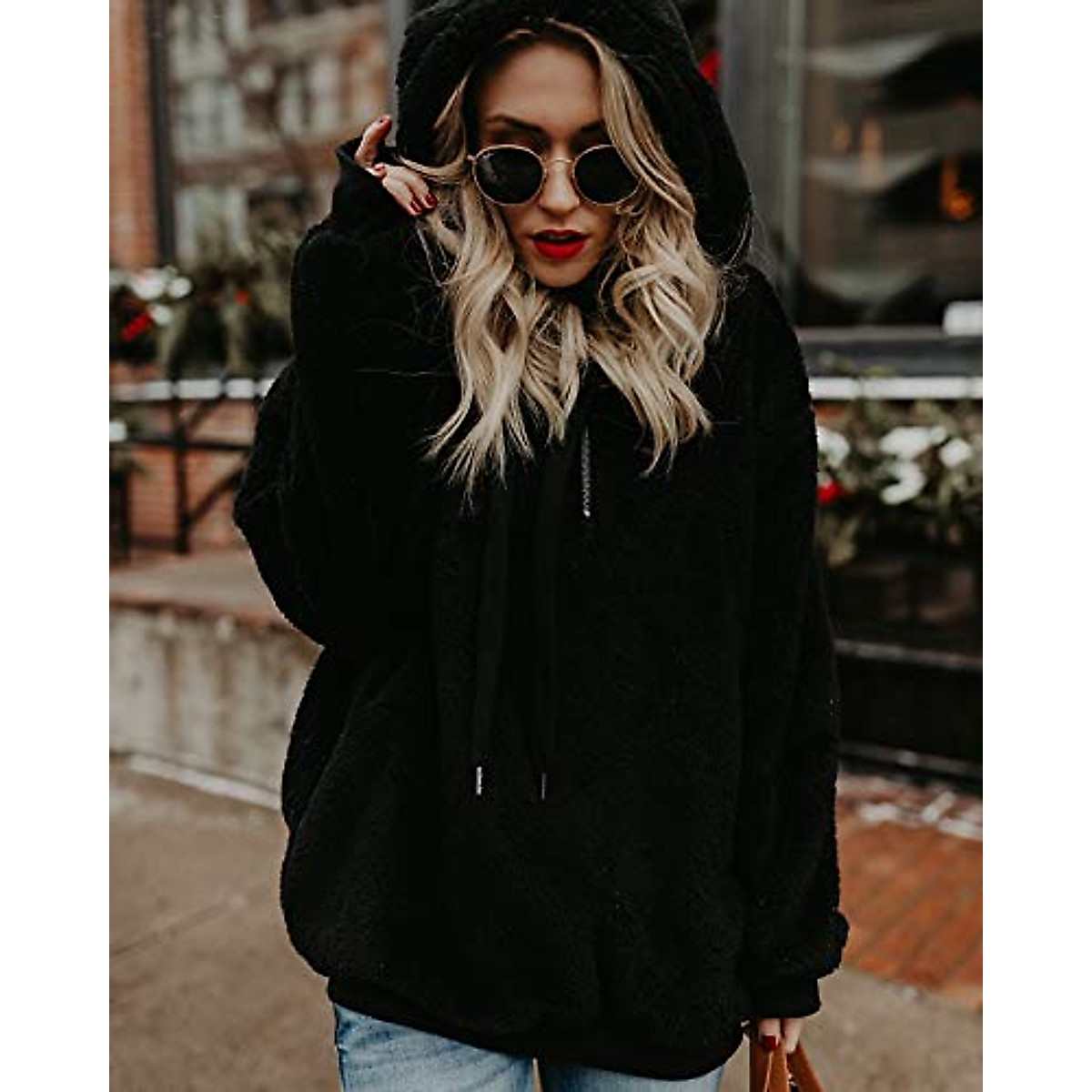 Acelitt Women Winter Zip Fuzzy Sherpa Sweatshirts Long Sleeve Fashion 2023 Oversized Fleece Casual Hoodies Jackets Pullover Sweaters Black Large