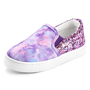 K KomForme Toddler Sneakers for Girls Boys Slip On Canvas Walking Shoes, Size 2 Big Kid, Purple Glitter