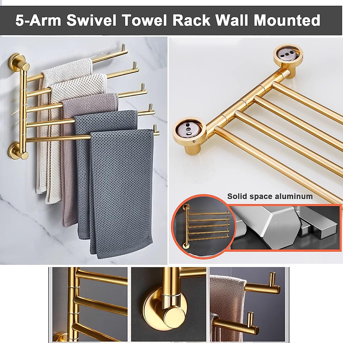 Swivel Gold Bathroom Towel Holder,Swing Out Towel Racks for Bathroom Kitchen,Wall Mount Drying Racks for Laundry,Rustproof Solid Aluminium Towel Hanger Storage Organizer Space Saving Towel Rails
