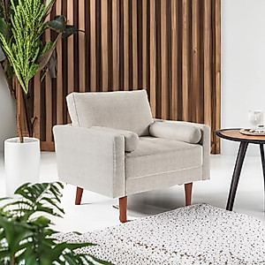 koorlian Beige Accent Chairs, Mid Century Modern Accent Chair with Track Armrest, Button Tufted Armchair, 2 Bolster Pillow, Linen Fabric Single Sofa Chair for Living Room/Bedroom/Office