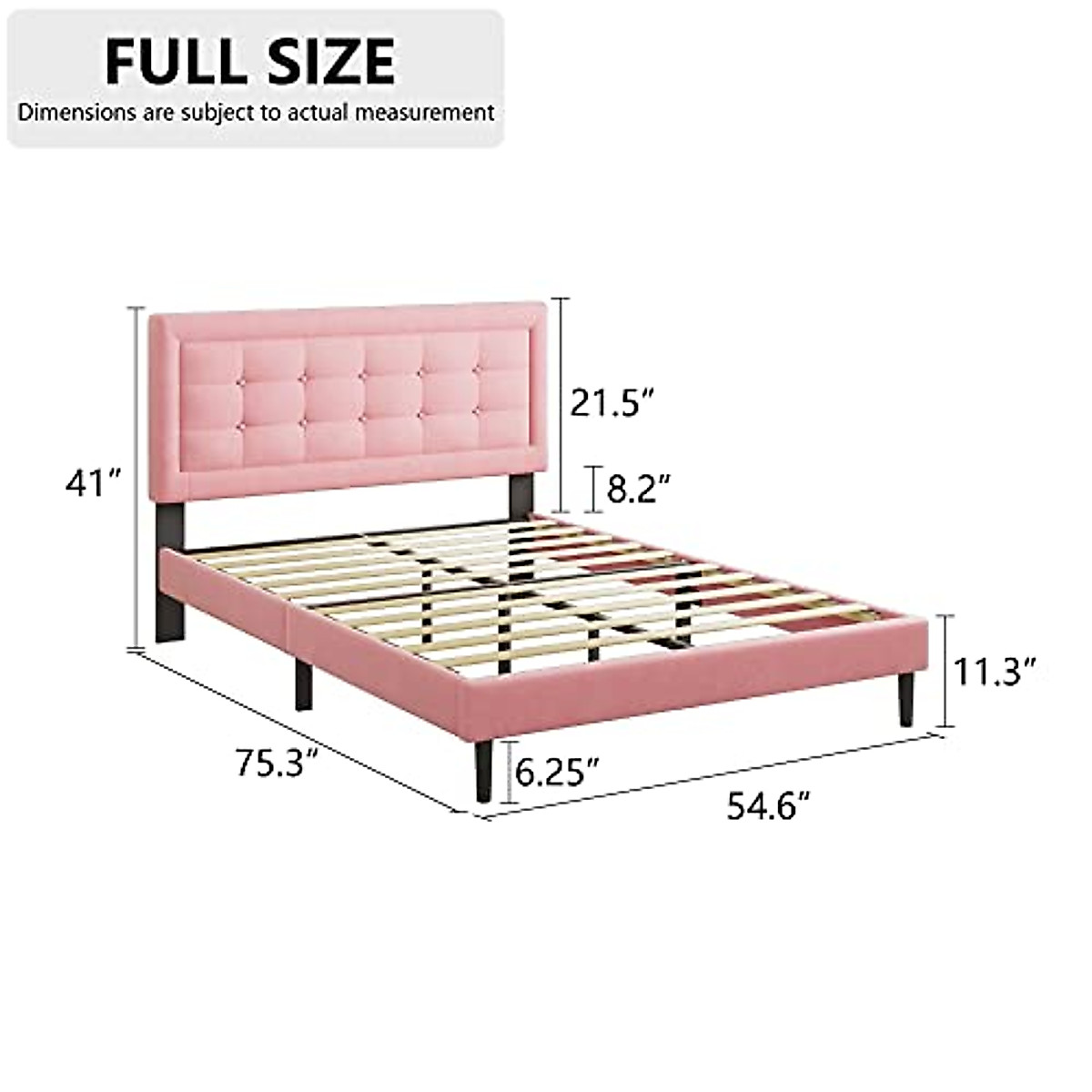 Lijimei Full Size Bed Frame with Button Tufted Headboard, Platform Upholstered in Velvet Fabric,Mattress Foundation with Wooden Slats Support, Easy Assembly, No Box Spring Needed, Pink Velvet