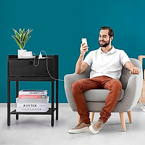 Night Stand with Charging Station, End Tables Living Room, Bed Side Table with Drawers, End Table with Storage, Small Side Table for Small Spaces, Night Table for Bedroom, Skinny Side Table for Couch