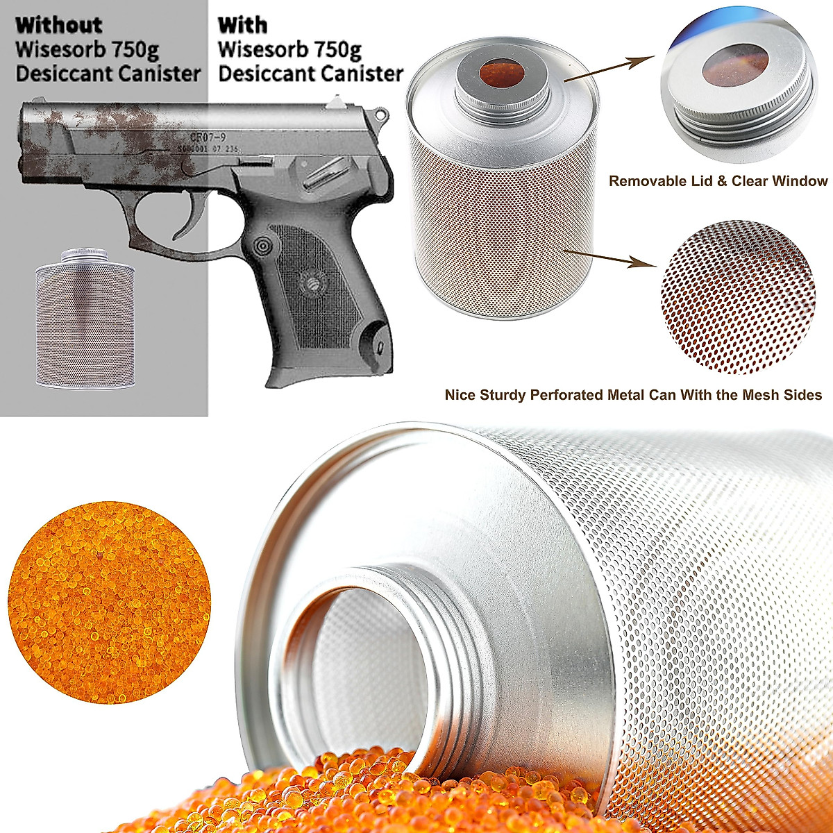 Wisesorb 750 Grams Gun Safe Dehumidifier, Reusable Canister Desiccant Dehumidifier, Rechargeable 1.65 Lbs Indicating Silica Gel Orange to Green, Pack of 1