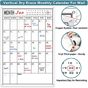 Large Dry Erase Calendar For Wall Monthly,24x36 Inch Big Vertical Blank White Board Calendar Fit to Narrow Wall,Giant Laminated Erasable 30 Day Schedule Planner Poster for Family,Office,Classroom