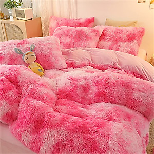 chovy Faux Fur Tie-Dyed Pink White Red Colorful Comforter Cover Duvet Cover Queen - 3PC Bed Set Ultra Soft Plush Flannel Velvet Fluffy Fuzzy Bedding（Duvet Cover x 1 Pillowcases x 2