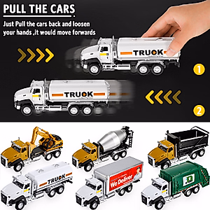 6 Packs Diecast Engineering Construction Transport Vehicles Truck Toys Set 1:50 Scale Pull Back Metal Model Car Garbage Truck Tanker Truck Delivery Truck Dump Truck Digger Truck Mixer Truck for Boys