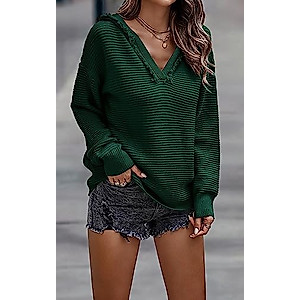 PRETTYGARDEN Women’s Casual Long Sleeve V Neck Hoodie Loose Slouchy Jumper Tops Ribbed Knitted Sweater (Dark Green, Large)