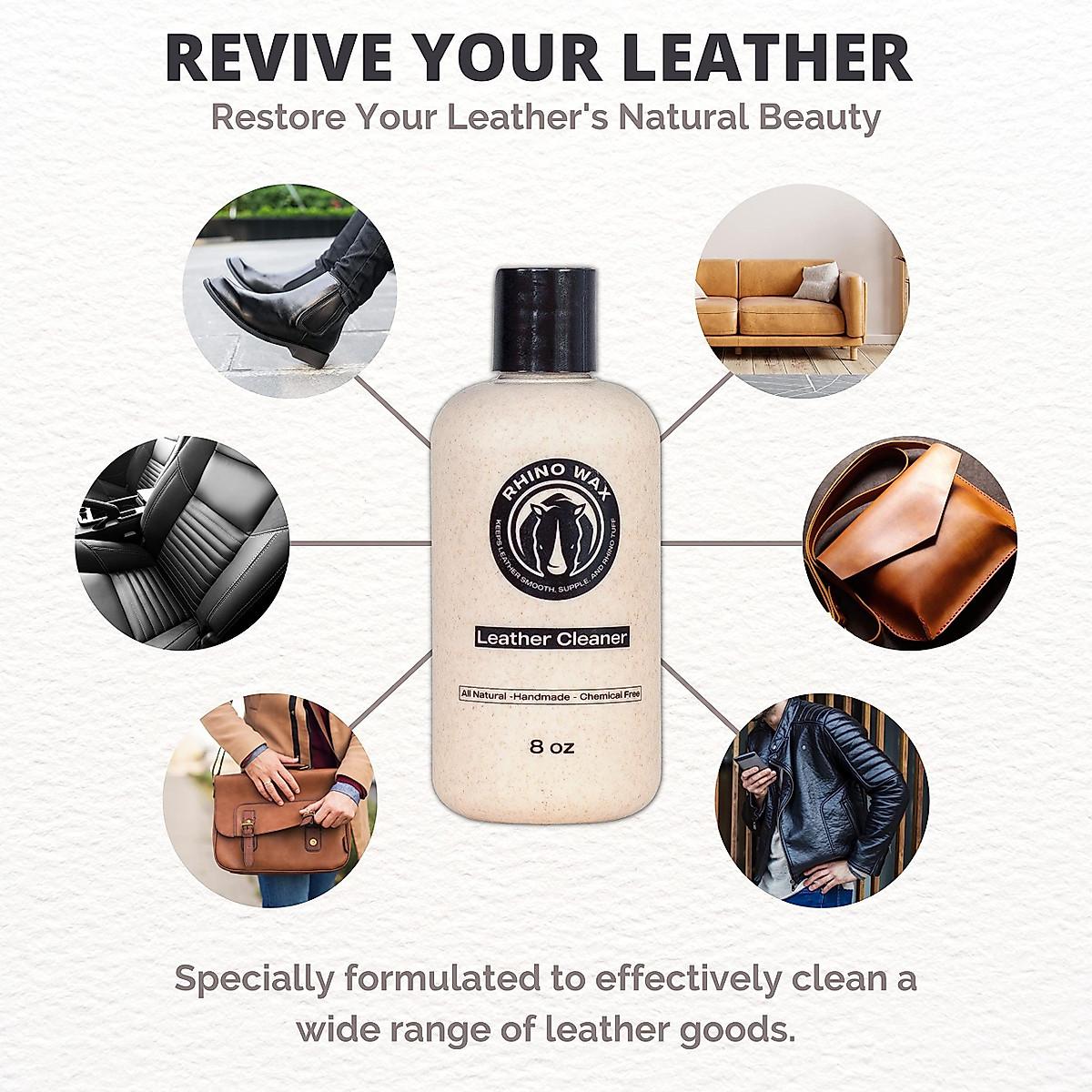 Rhino Wax - Leather Cleaner (8 oz) - Premium Leather Cleaner for Furniture, Handbags, Shoes, Boot and Car Seat Cleaner - Apply Before Using Leather Oil or Conditioner - 100% Natural