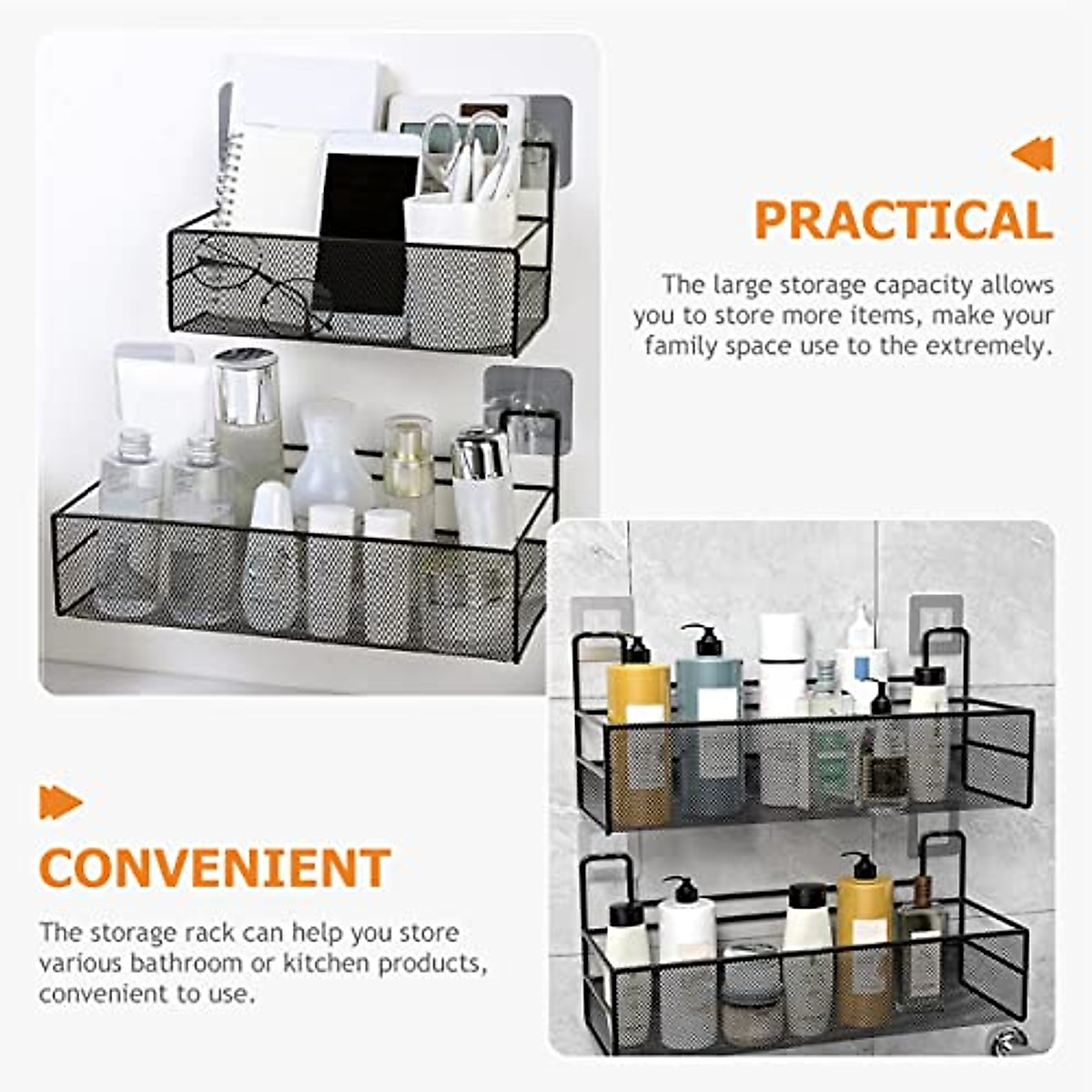 Angoily Laundry Metal Wire and Toiletries Storage Hanging Shelf Caddy Organizer Shelves Drilling Office Basket Room Kitchen Floating Conditioner Shampoo Home Mesh No Shower Bedroom Wall