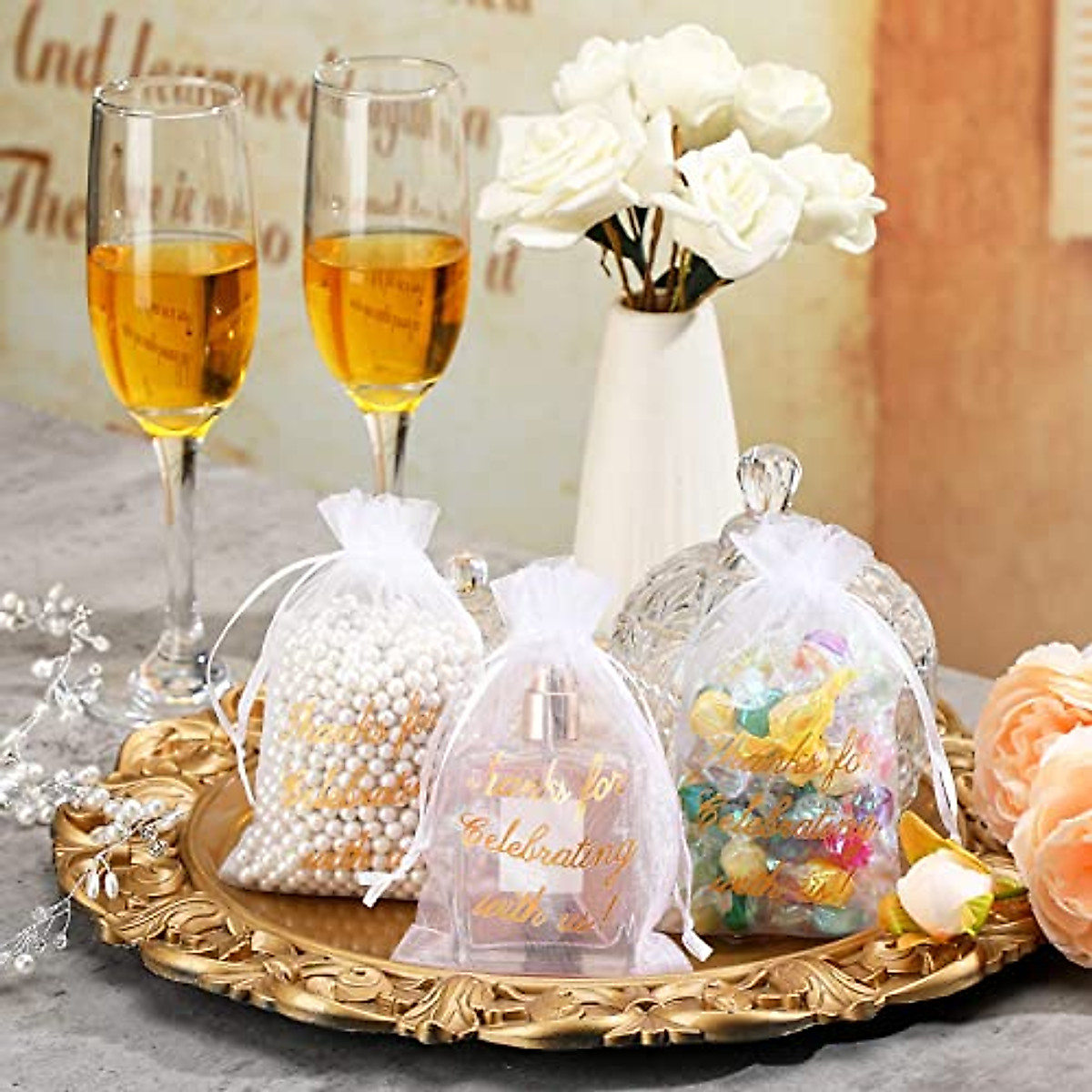 100 Pcs Thank You Bags Sheer Organza Bags Wedding Party Favor Bags with Drawstring Thanks for Celebrating with Us Gift Wrap Bags Mesh Mini Gift Bags for Jewelry Makeup Candy Sachet (White,4 x 6 Inch)