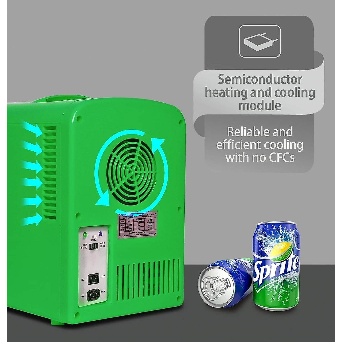 Coca-Cola Sprite 4L Portable Cooler/Warmer, Compact Personal Travel Fridge for Snacks Lunch Drinks Cosmetics, Includes 12V and AC Cords,Desk Accessory for Home Office Dorm Travel, Green