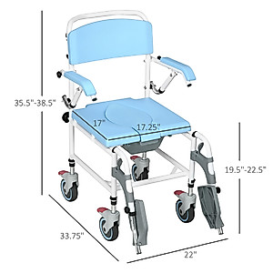 HOMCOM Accessibility Commode Wheelchair, Rolling Shower Wheelchair with 4 Castor Wheels, Rectangle Detachable Bucket, & Waterproof Design, 17" Seat Width, Blue