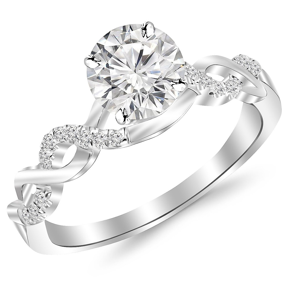 Houston Diamond District 0.46 Carat Twisting Infinity Gold and Diamond Split Shank Pave Set Diamond Engagement Ring 14K White Gold with a 0.33 Carat I-J I2 Round Brilliant Cut/Shape Center
