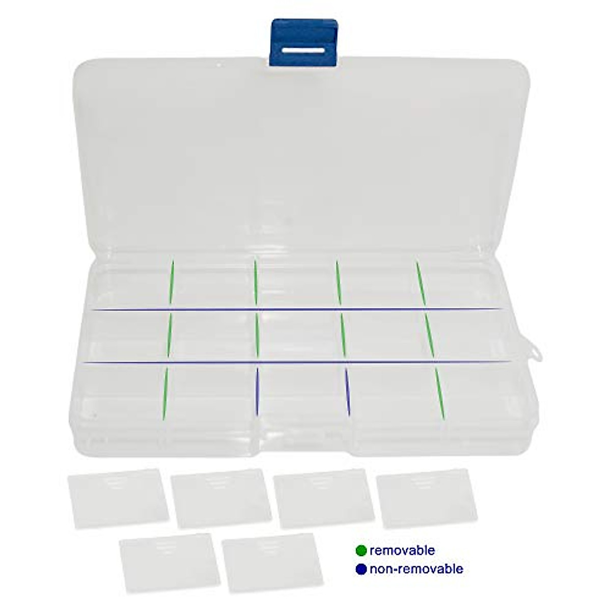 6-Pack Clear Plastic Jewelry Organizer Box with Adjustable Dividers for Bead, Nail Art, Crafts, Diamond Painting, Fishing Tackle Storage Box, (15 Grids, 6.8" x 0.8" x 3.9")