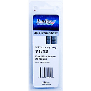 NailPRO 71/12SS 22 Ga 1/2" Leg x 3/8" Crown Stainless Steel Fine Wire Staples, 1000 Count