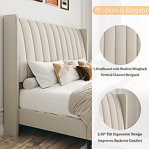 LIMGLIM Queen Bed Frame with Headboard,Upholstered Bed Frame Queen with Vertical Channel Tall Wingback Headboard,No Box Spring Needed,Wooden Slats Support,No-Noise,Easy Assembly,Linen Beige