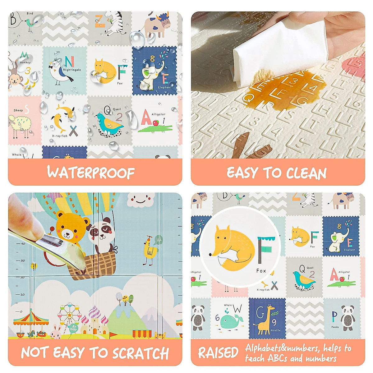 Baby Play Mat, 79 x 71 x 0.4 Inch Folding Baby Crawling Mat, Waterproof Reversible Playmat for Baby Infants Toddlers, Foam Play Mat for Indoor Outdoor Use (Animal Party)