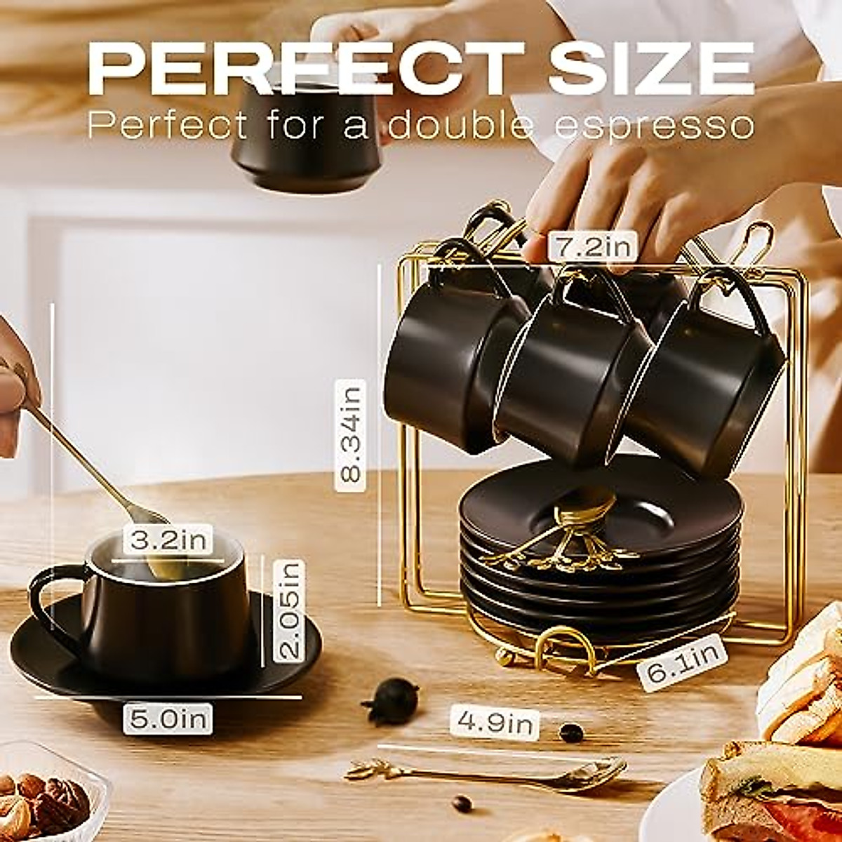 Lareina Espresso Cups with Saucers, Spoons and Metal Stand, Small 4 oz Ceramic Cappuccino Coffee Cups Set of 6, Cute Demitasse Cups with Handle for Nespresso Lungo, Double Espresso, Cortado(Black)