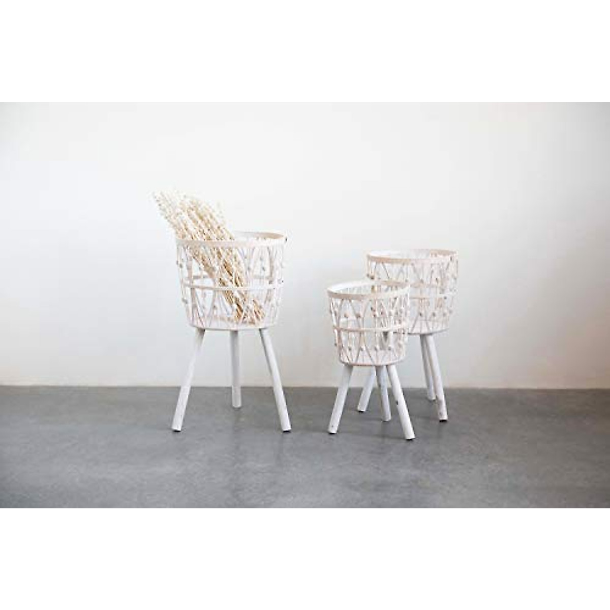 Creative Co-Op 19.25", 20.5" & 25.5" Bamboo Wood Legs & Whitewashed Finish (Set of 3 Sizes) Baskets, White