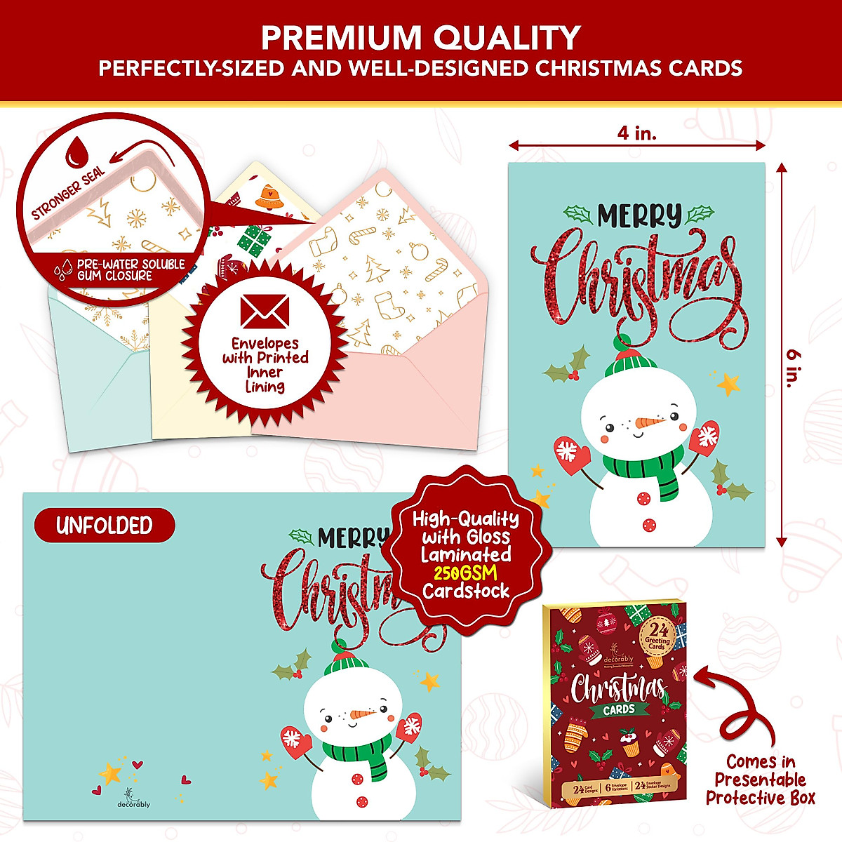 Decorably Special Season Cards with Envelopes & Stickers - 24 Pack Foiled & Glittery Christmas Cards with Envelopes Pack, Assorted Holiday Cards with Printed Message Inside, 4x6 Boxed Christmas Cards