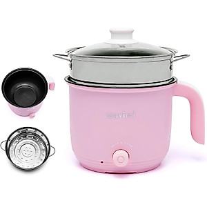Wxvimi Hot Pot Electric,Electric Noodle Pot,Non-Stick Electric Cooking Pot,Rapid Noodles Cooker,1.8L Electric Ramen Cooker with Steamer,Suitable for Pasta,Dumplings,Soup,Steak.(Rotary switch) Red