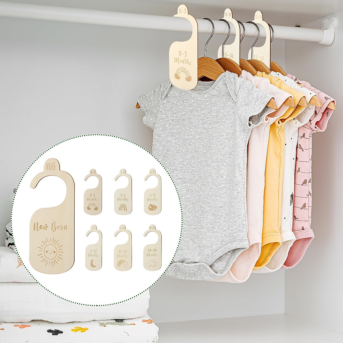 Teaaha Baby Closet Dividers for Clothes Organizer 7 PCS Beautiful Wooden Double-Sided Baby Closet Size Organizer Hanger from Newborn Infant to 24 Months Toddler for Home Nursery Baby Decor