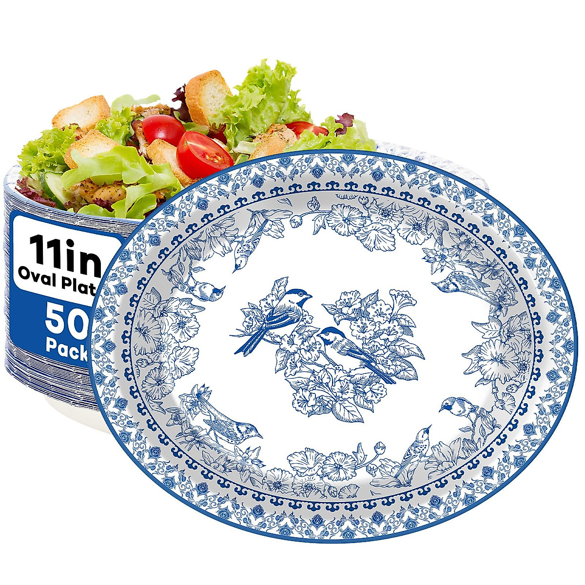 50 PCS Blue Floral Oval Paper Plates Blue & White Floral Party Tableware Set Blue and White Flowers Disposable Party Supplies Bridal Birthday Baby Shower Tea Dinnerware Plates Napkins Forks Serve 50