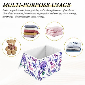 MFTJYO Storage Bin with Lid Purple Lavender Butterfly Foldable Storage Box Washable Fabric Storage Cubes Bin Organizer Basket Closet for Home Bedroom Closet Nursery Office