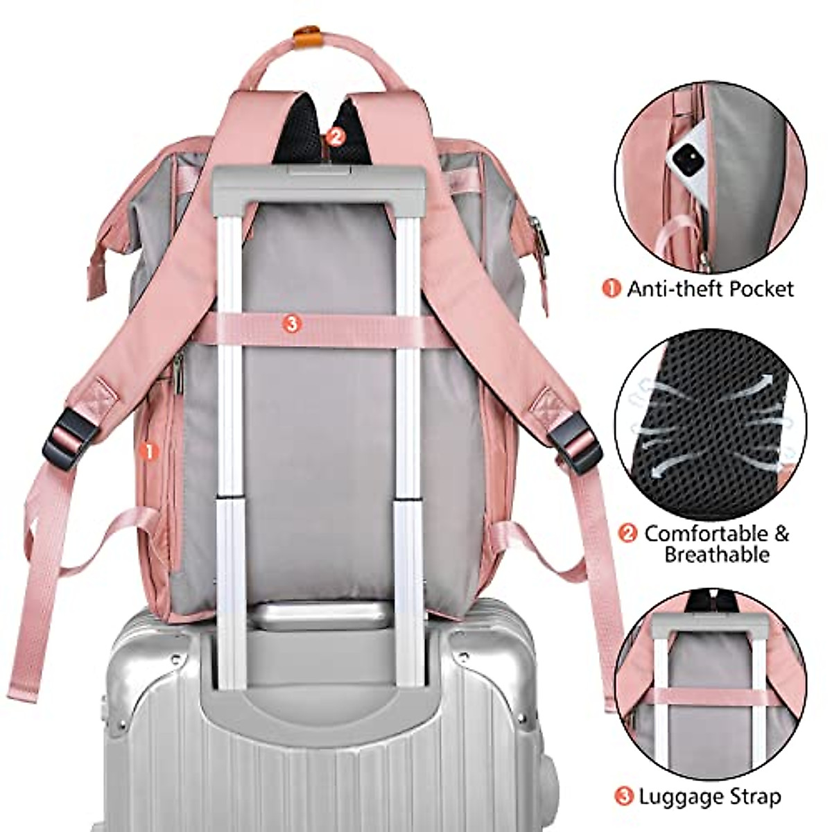 MOMUVO Travel Backpack for Women Laptop Backpack 15.6 Inch,School College Bookbag Work Bag with USB Charging Port,Casual Daypack Teacher Backpack Pink Grey