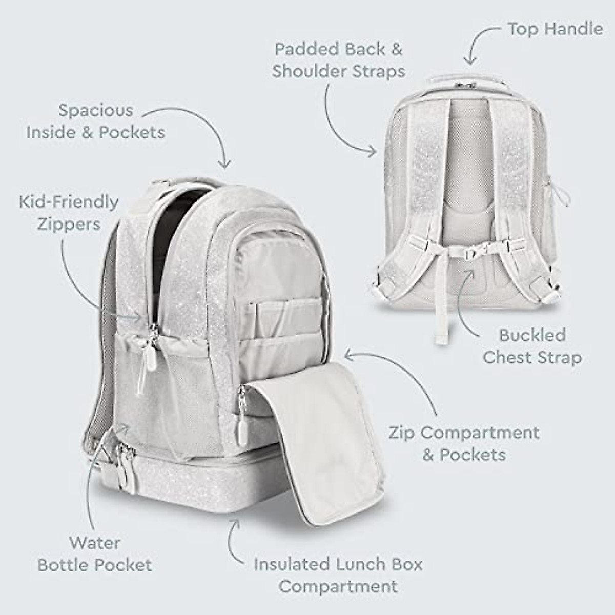 Bentgo® Kids 5-Compartment Lunch Box With Kids 2-in-1 Backpack & Insulated Lunch Bag (Glitter Edition - Silver)