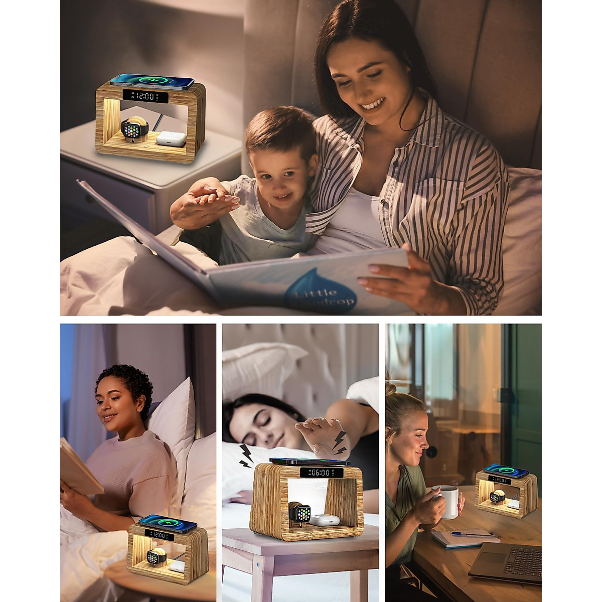 Bamboo Wireless Charging Station,Wireless Charger with Digital Alarm Clock and Night Light, Fast Charger Stand for iPhone 15/14/13/12/11 Pro Max/X/Xs, AirPods Pro, iWatch Series 8/7/6/5/SE