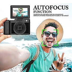 4K Digital Camera for Photography, Autofocus 48MP Vlogging Camera for YouTube with 16X Digital Zoom Macro Camera, 3’’180°Flip Screen Compact Video Camera with Liftable Flash, SD Card&2 Batteries