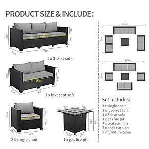 Patio Furniture Sectional Sofa 5-Piece 50000 BTU Propane Gas Fire Pit Outdoor Wicker Furniture Set Square Steel Pit Table Grille Tabletop with No-Slip Cushions Furniture Covers, Light Grey