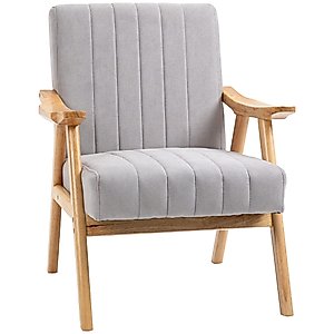 HOMCOM Mid-Century Modern Accent Chair, Upholstered Arm Chair for Living Room, Comfy Chair for Bedroom with Wood Legs, Gray