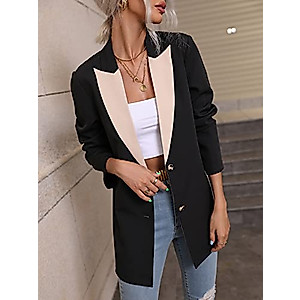 WDIRARA Women's Colorblock Lapel Button Front Long Sleeve Work Office Jacket Blazer Black M