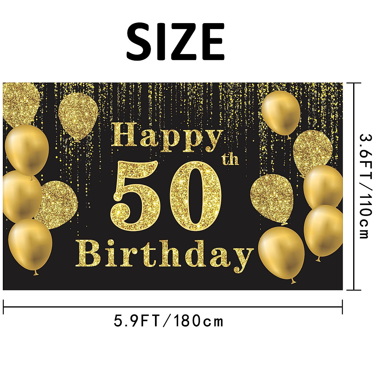 Crenics Happy 50th Birthday Backdrop Banner, Extra Large 50 Birthday Photo Background, Black Gold 50 Years Old Birthday Decorations Party Supplies for Men Women, 5.9 x 3.6 ft
