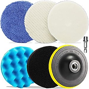 SOLULU 5 Inch Wool Polishing Buffing Pads Kit, 7 Pcs Waxing Buffing Polishing Sponge, 5 Inch Face for 5 in 125mm Backing Plate, for Drill Buffer Attachment with M14 Drill Adapter