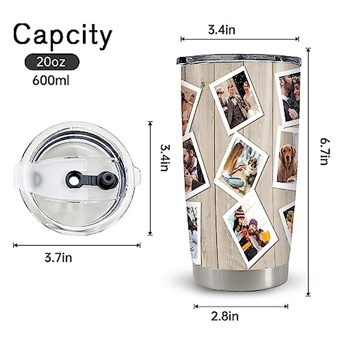 Personalized Tumbler with Pictures for Men Women,Custom Insulated Travel Mug with Lid,20oz Stainless Steel Coffee Cup Gifts for Father's Day Mother's Day Birthday Anniversary-12 Photos