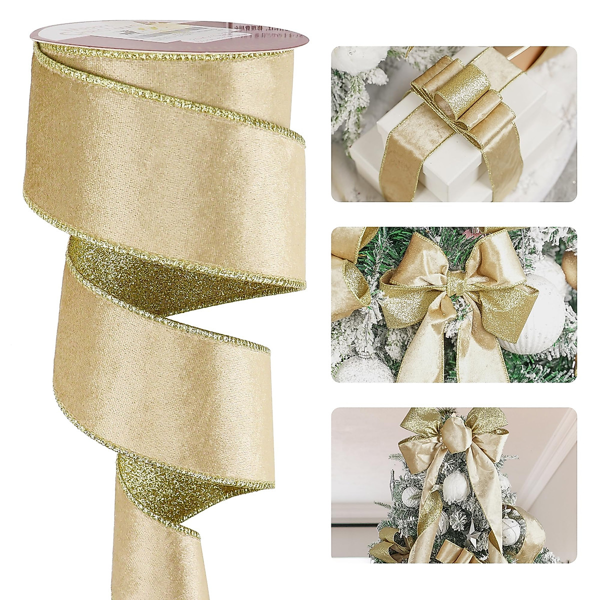 HUIHUANG Champagne Velvet Wired Ribbon 2-1/2" Champagne Gold Christmas Ribbon with Glitter Gold Backing, for Christmas Tree, Tree Top Bows, Wreaths, Graland, Home Decor, Crafts-10 Yards
