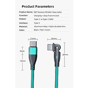 Aporia - PD 60 Watt Type C to C USB Cable Fast Charging Data Transfer 180 Degree Rotating Right Angle Head (Green, 6ft)