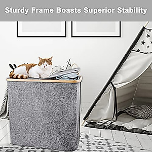 SUPDEJA Double Laundry Hamper with Lid, 100L Large Laundry Hamper 2 Section with Removable Laundry Bags, 2 Dividers Dirty Clothes Basket with Handles Collapsible Foldable Laundry Baskets with Lid