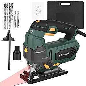 Jigsaw, KKnoon 6.5 Amp 3000 SPM Jig Saw with Laser, 800W Pure Copper Motor, 6 Variable Speed, 6 Replacement Blades, ±45° Bevel Cutting, 4 Orbital Settings, with Tool case