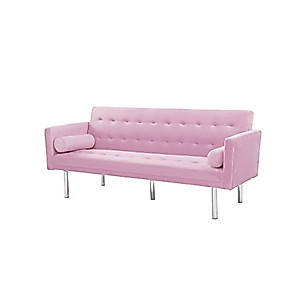 Eafurn 68.5”Futon Bed,Button Tufted Convertible Sleeper, 3-Seater Upholstered Loveseat Sofa & Couch with Adjustable Backrest and 5 Metal Legs for Living Room Bedroom Office, Pink
