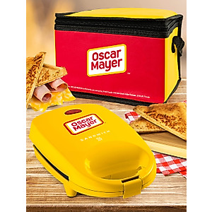 Nostalgia Oscar Mayer Sandwich Maker with Beverage Cooler Bag, 5-Inch Nonstick Cooking Surface with Indicator Lights and Lock Feature, Lunch and Beverage Tote Included, Yellow